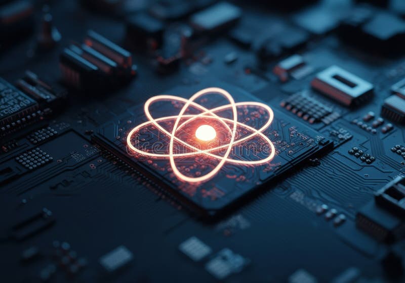 Abstract Representation of an Atom on a Circuit Board, Symbolizing ...