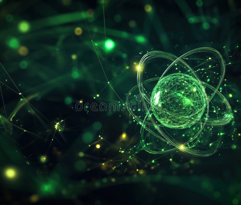 Abstract Representation of Atom with Glowing Particles and Energy Lines, Showcasing Scientific ...