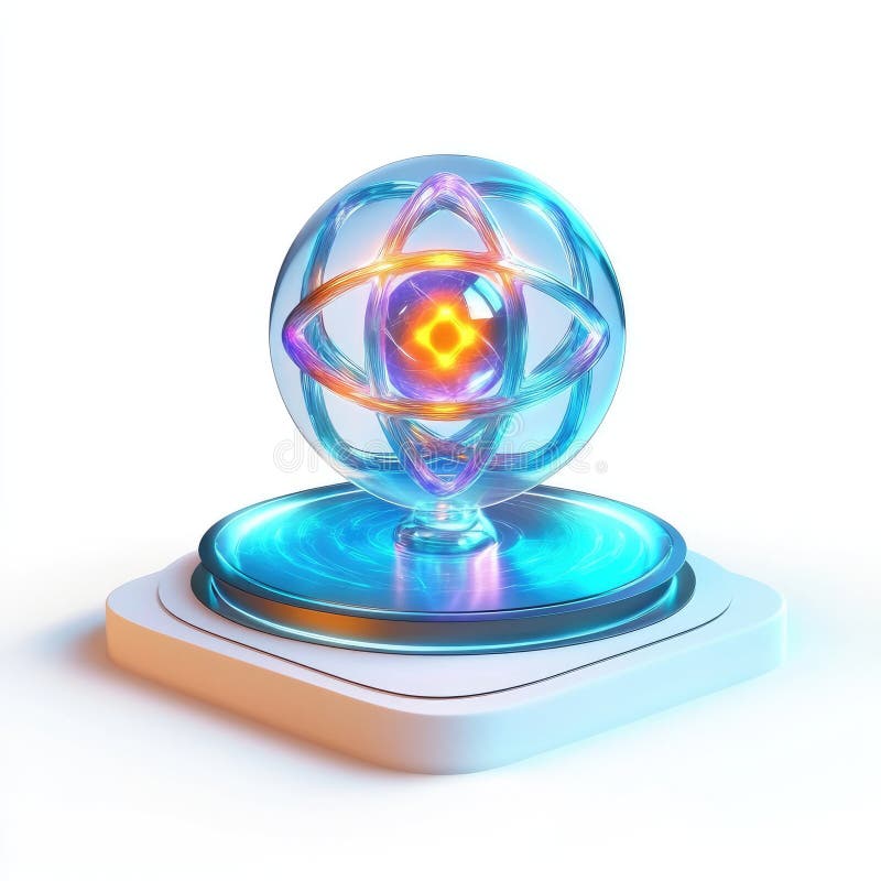 Glowing Atomic Structure in Glass Sphere on Futuristic Platform Stock ...