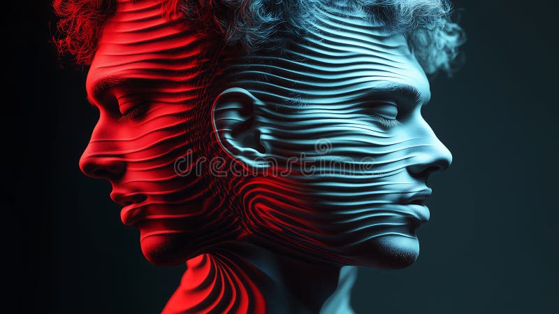 Dual-faced Man with Distorted Features in Blue and Red, Symbolizing ...