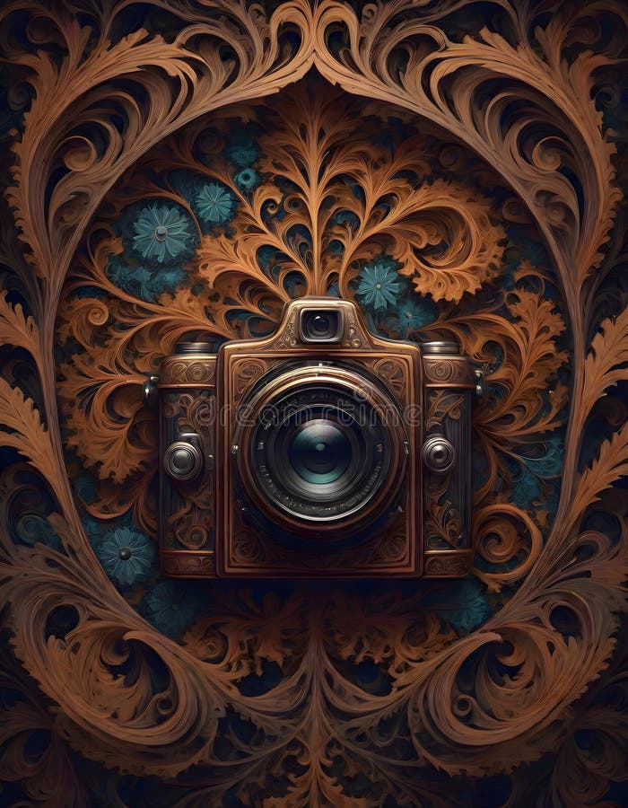Abstract Representation of a Camera Lens Encased in Ornate Wooden Frame ...