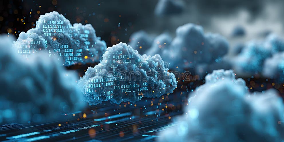 Abstract Representation of Cloud Computing with Floating Digital Clouds and Binary Code Stock ...