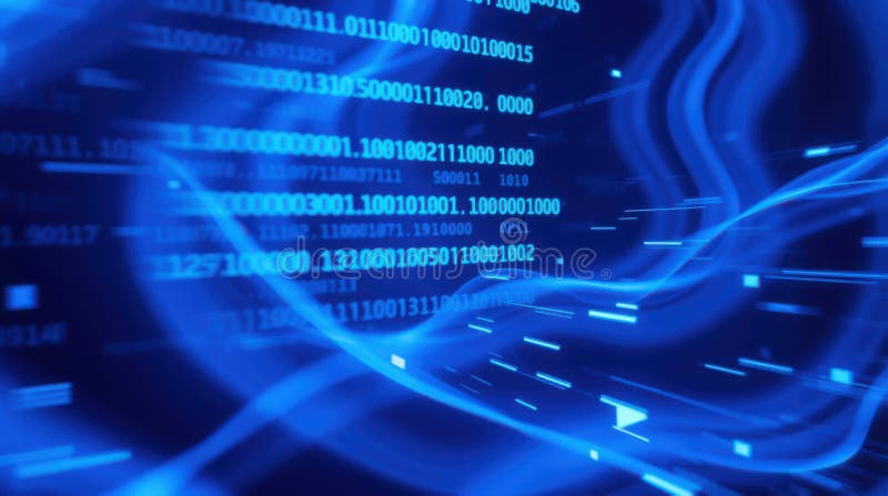 Abstract Digital Data Stream Visualization Blue Glowing Lines And Binary Code Flow Dynamically