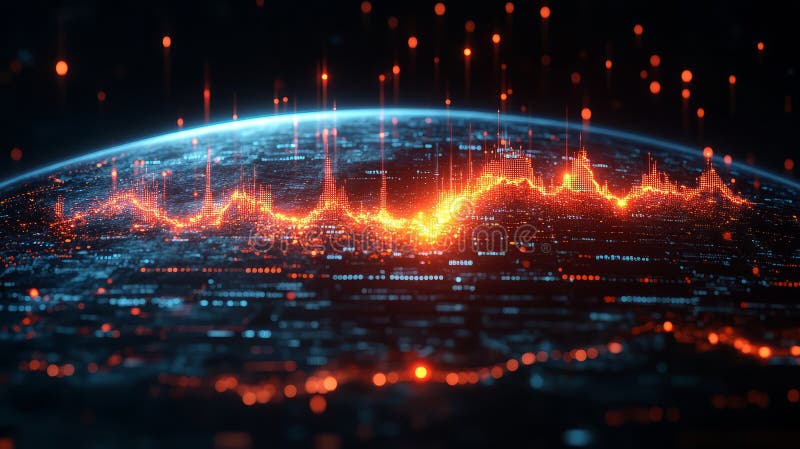 Abstract Representation of Digital Data and Sound Waves Over a Global ...