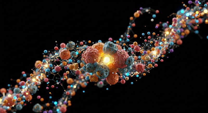 Colorful Purple DNA Strand on Dark Glowing Background with Bokeh Lights and Sparkles. Abstract ...