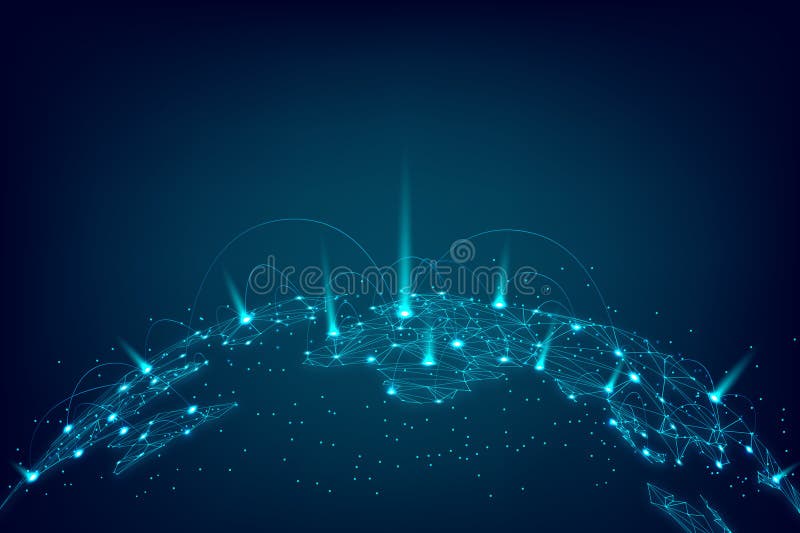 Glowing Global Connections: Blue World Map with Connected Polygons, Generative AI Stock ...