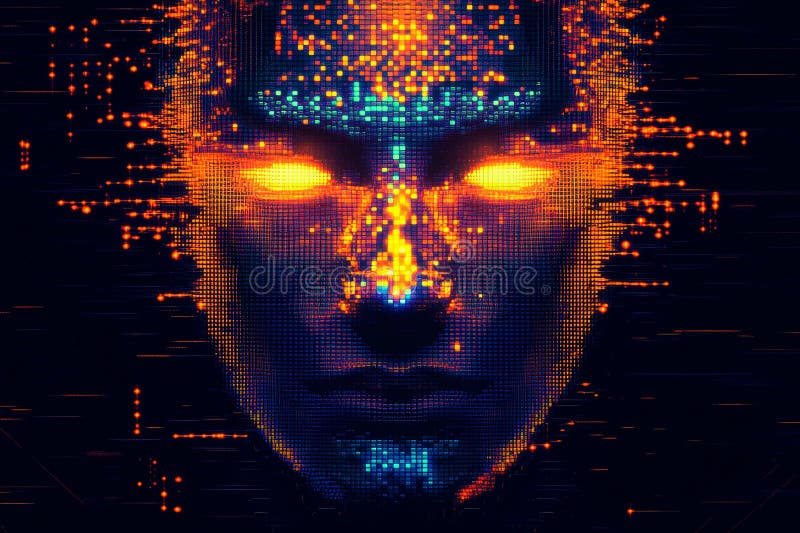 Glowing Pixelized Face with Vibrant Colors and Digital Effects ...