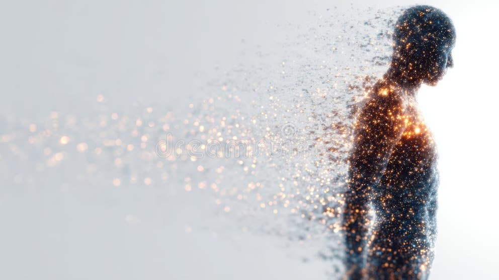 Abstract Representation of a Human Form Dissolving into Sparkling ...