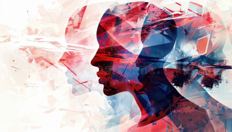 Abstract Representation of Interconnected Human Profiles in Vibrant Red ...