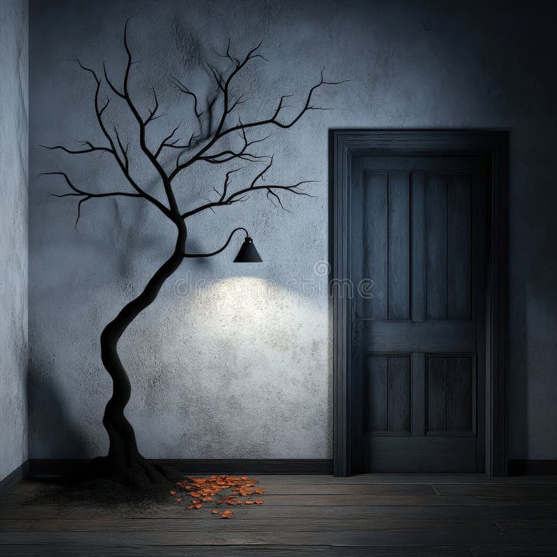 Abstract Representation of Isolation with a Tree Silhouette Near a Door ...