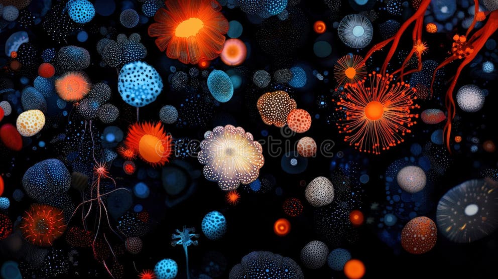 Abstract Representation of Microorganisms Floating in Dark Space Stock ...