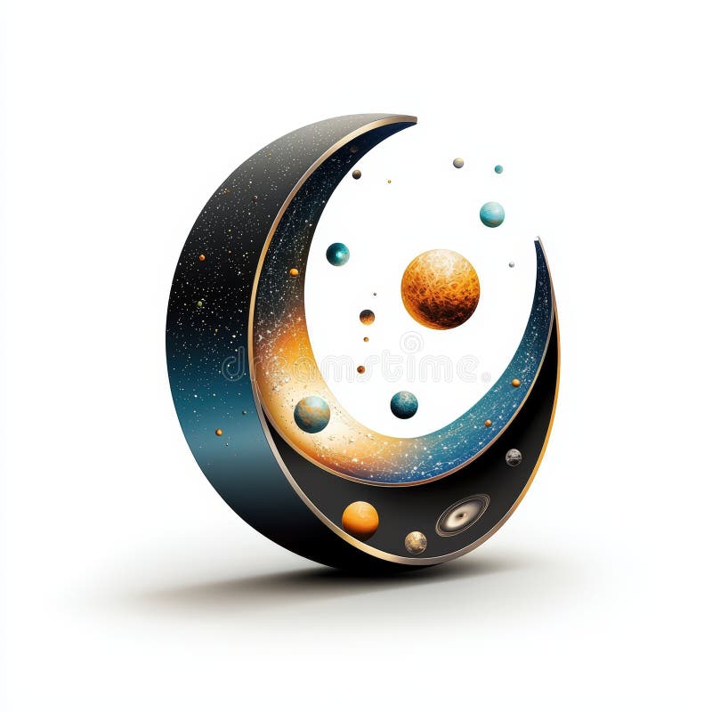 Abstract Representation of Space Featuring Planets Stars and a Crescent ...