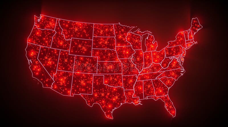 Glowing Red Map of the United States, Highlighting States and Cities ...