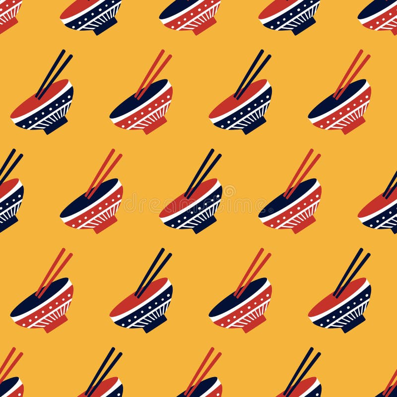 Abstract Retro Dishware Bowl and Chopstick Vector Graphic Seamless ...