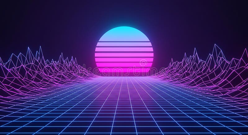 Abstract Retro Landscape with Neon Grid and Sunset Illustration Stock ...