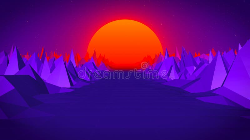 Abstract Retro Landscape in Old Style of 80s, 90s with Road Rocks ...