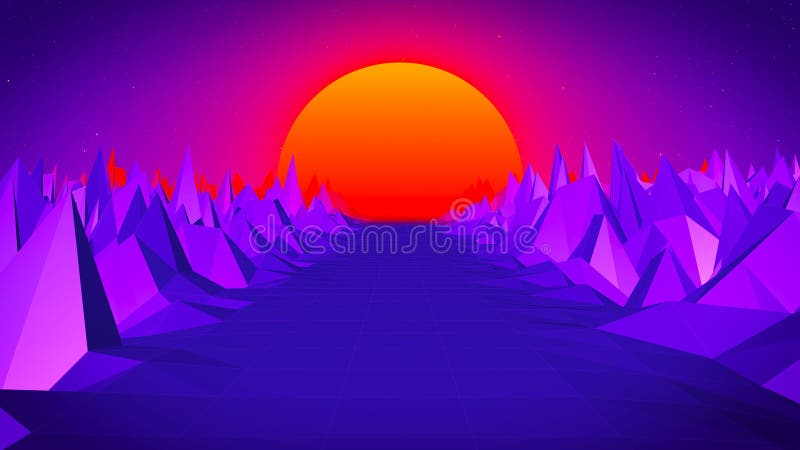 Abstract Retro Landscape in Old Style of 80s, 90s with Road Rocks ...