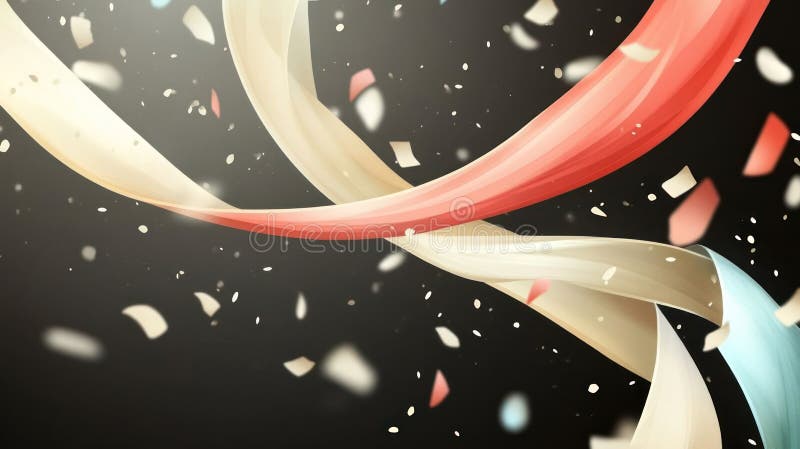 Abstract Ribbons in Motion with Confetti Against a Dark Background ...