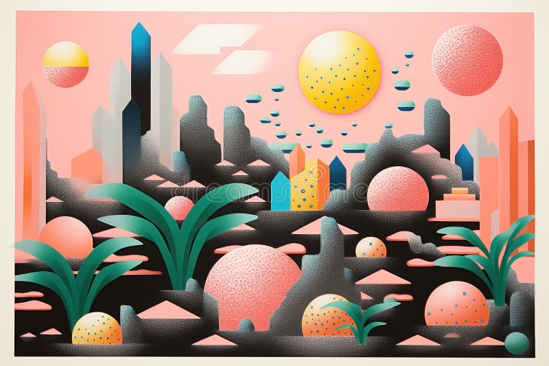 Abstract Risograph Art with a Colorful Garden in Retro Shapes. Stock ...