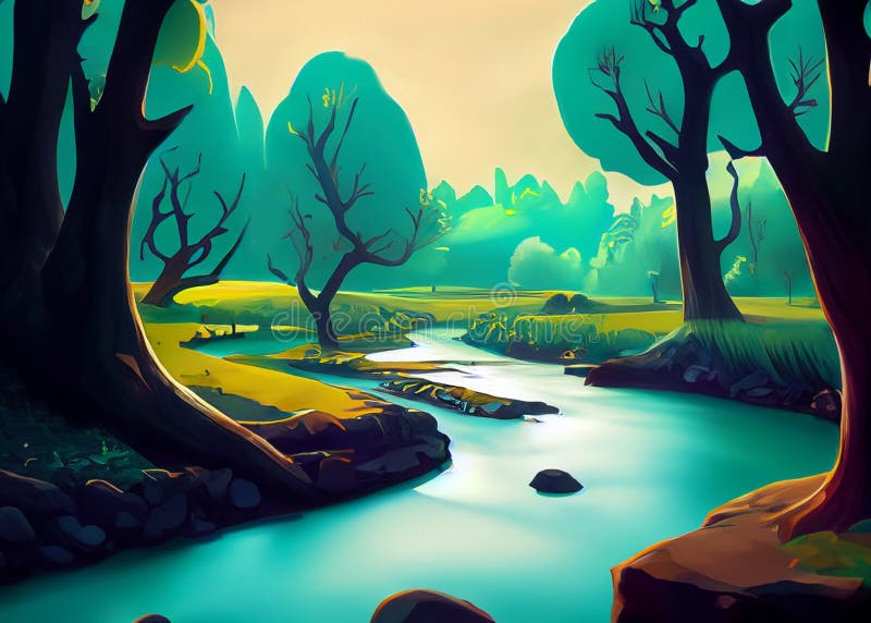 Abstract River Cartoon Style Background, Illustration of Forest Stream ...