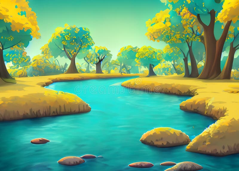 Abstract River Cartoon Style Background, Illustration of Forest Stream ...