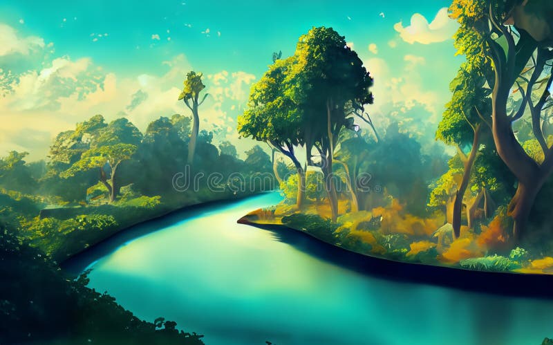 Abstract River Cartoon Style Background, Illustration of Forest Stream ...