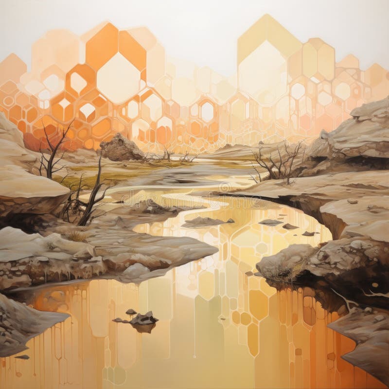 Abstract River Painting with Hexagonal Shapes in Post-apocalyptic Style ...