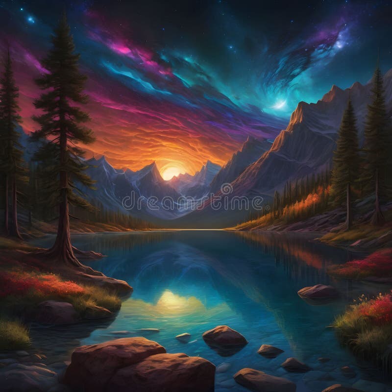 Abstract Riverside with Moonlight Stock Illustration - Illustration of ...