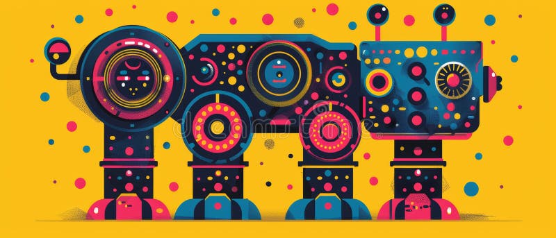 Abstract Robot with Colorful Circles on Yellow Background Stock ...