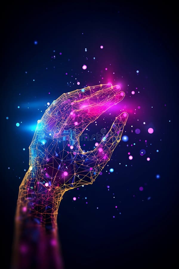Abstract Robot Hand in Blue and Purple Glow on Dark Background Stock ...