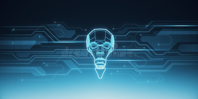 Abstract Robot Head in the Shape of Light Bulb on Blue Background with ...