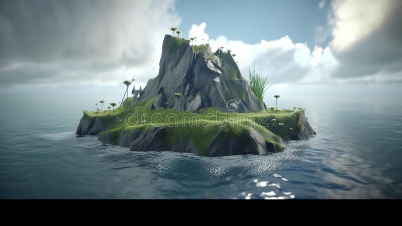 Abstract Rock Formations and an Island Covered with Green Grass and ...