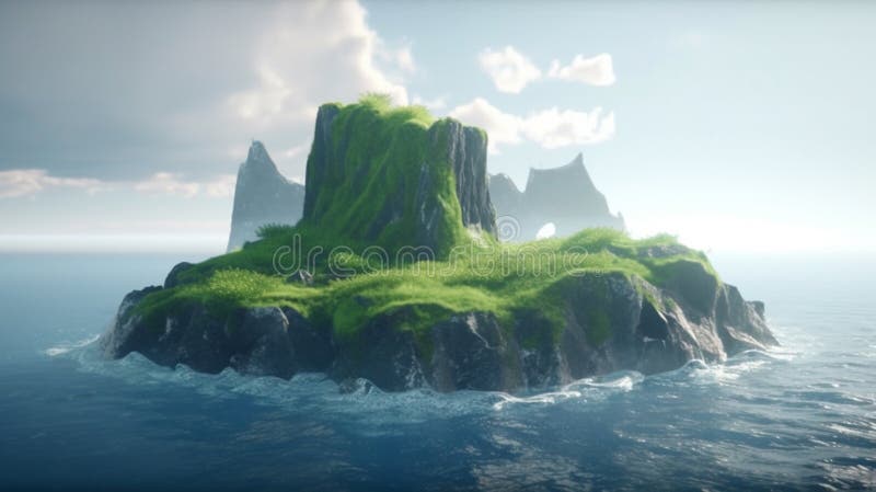 Abstract Rock Formations and an Island Covered with Green Grass and ...