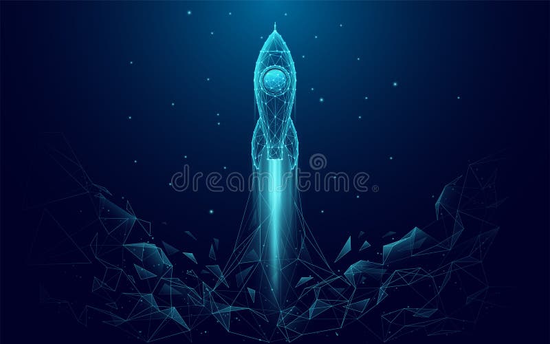 Abstract Rocket Launch. Digital Spaceship Flying Up into Outer Space ...