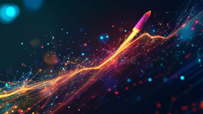 Abstract Rocket Launch: Glowing Particles Trail in Dark Blue Background ...