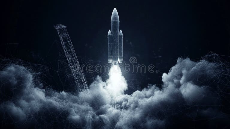 Abstract Rocket Launch Spacecraft Digital Art Network Lines Technology Innovation Dark Blue ...