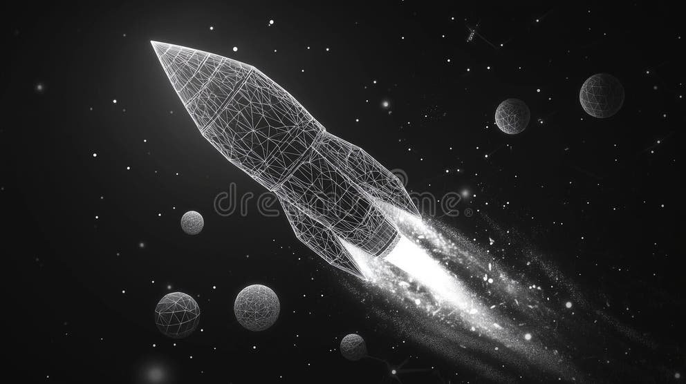 Wireframe Rocket Launching in Space Stellar Cosmic Flight Art Dark ...