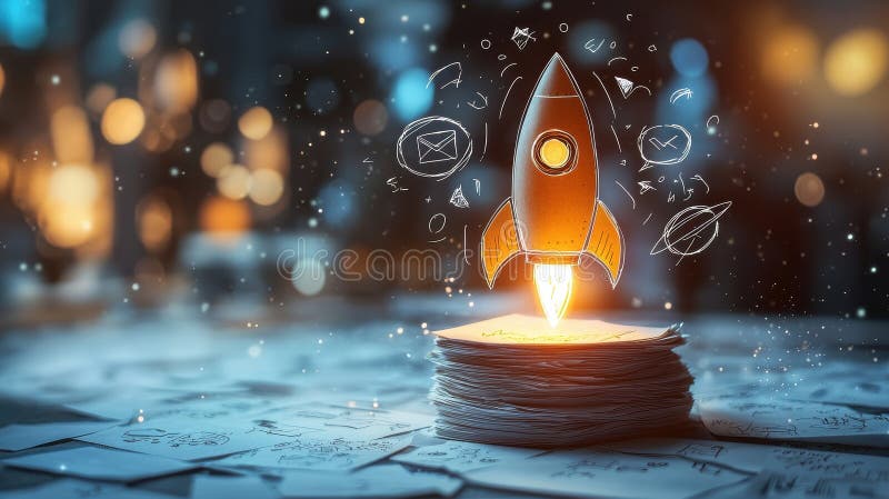 Abstract Rocket Launching from Stack of Ideas Stock Illustration ...