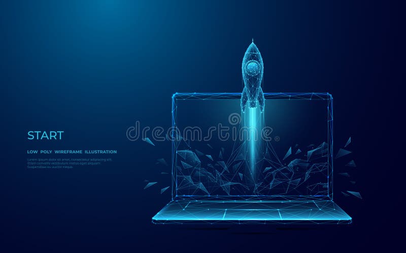 Abstract Rocket Takes Off from the Laptop Screen. Spaceship Launch ...