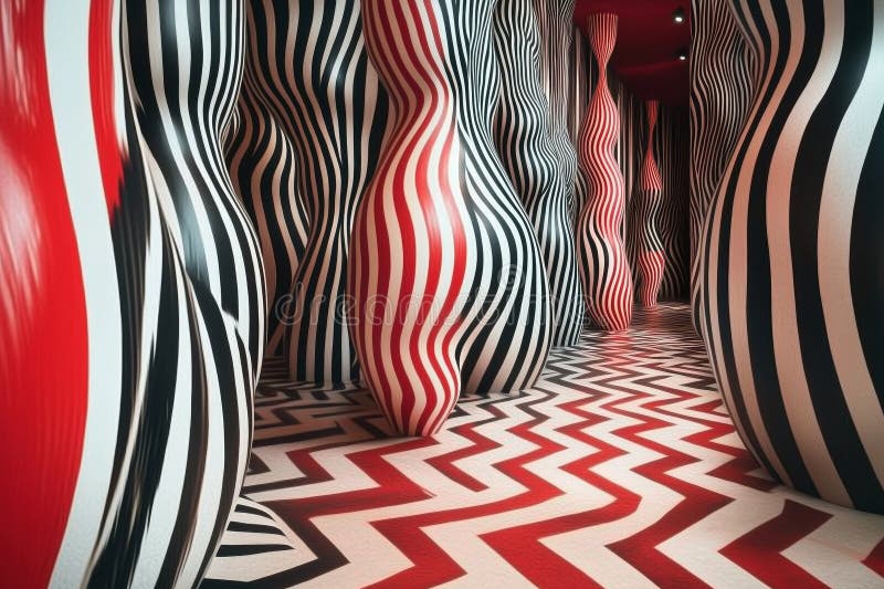Abstract Room with Bold Black, Red, and White Striped Sculptures in a ...