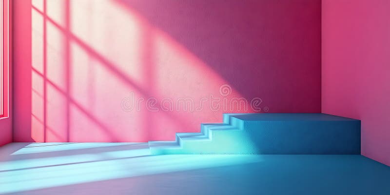 Abstract Room Corner with Blue Steps and Pink Wall Radiating Light ...