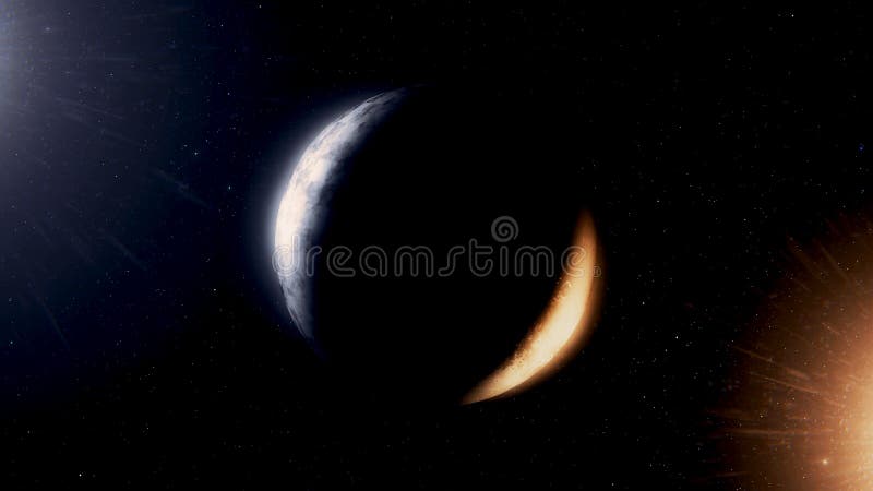 Abstract Rotating Planet in the Shadow Lighted by Moon from One Side ...