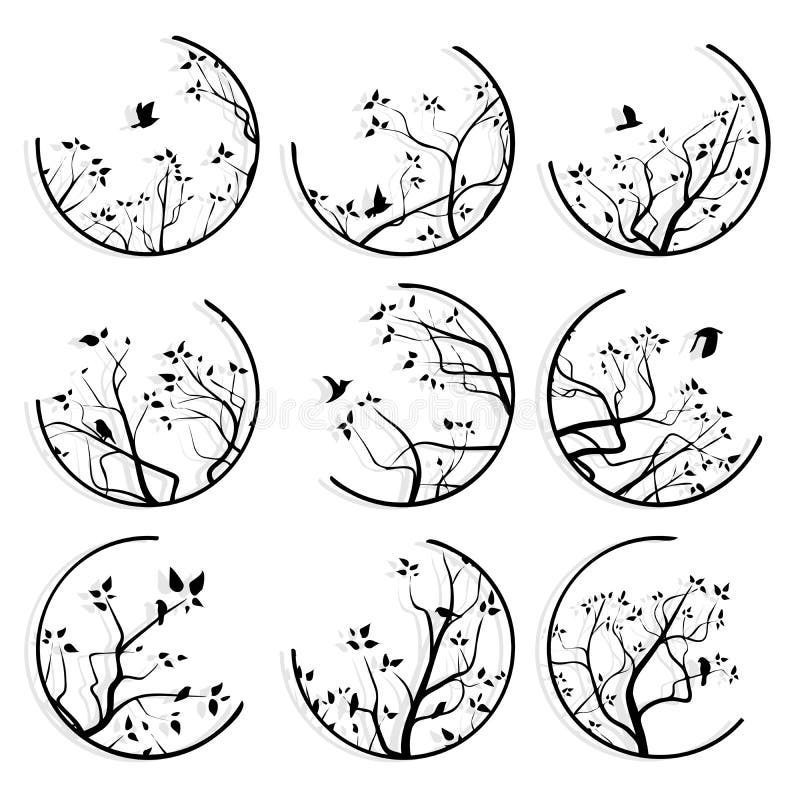 Abstract Round Icons Framed Tree Branches and Flock of Birds. Stock ...