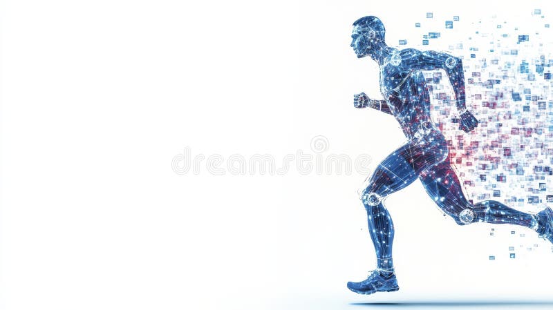 Abstract Runner Blue and Red Pixelated Figure in Motion Against White ...