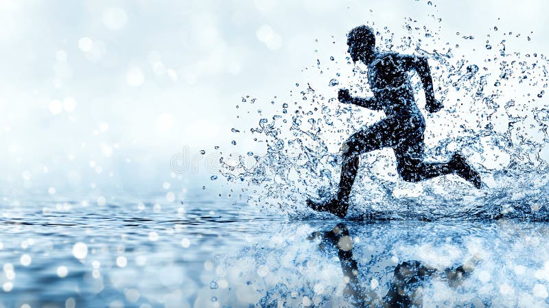 Abstract Runner Disintegrating into Blue Pixels, Water Reflection Stock ...
