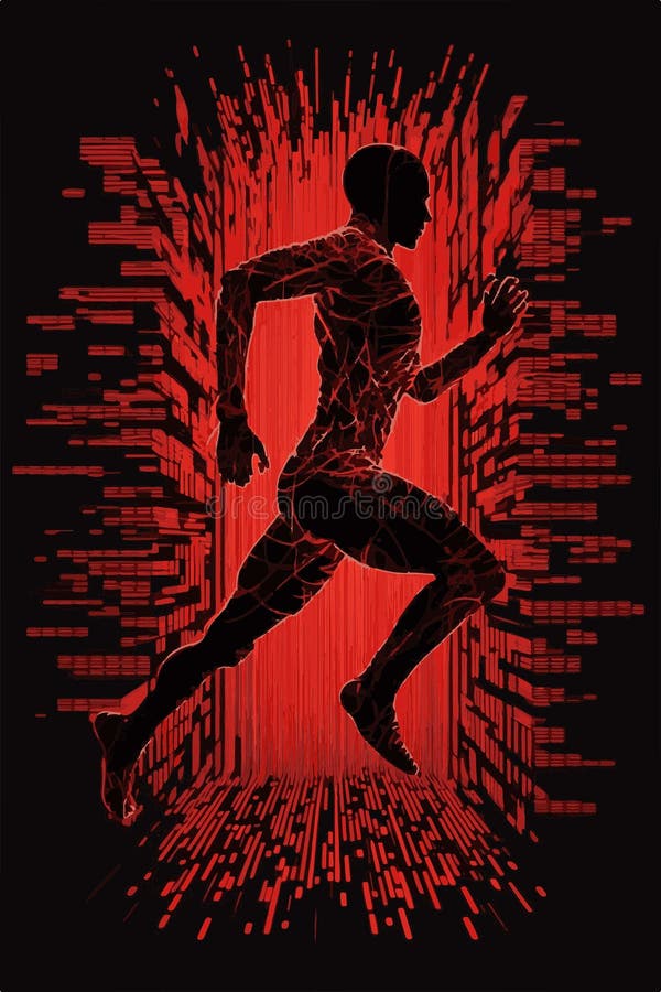 Abstract Running Man Form Lines and Triangles, Point Connecting Network on Red Background. Stock ...