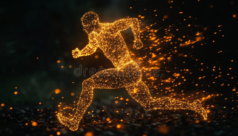 Abstract Running Man Made of Golden Particles. Digital Network ...