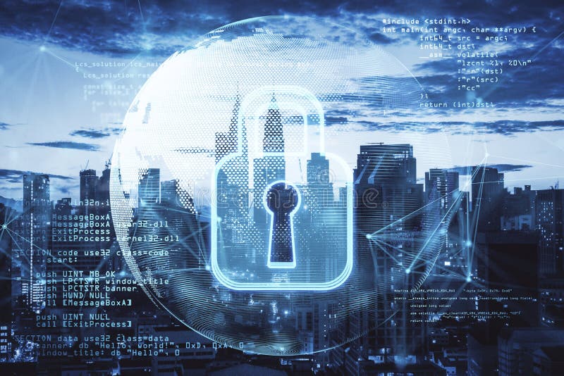 Abstract Safety Hologram with Globe and Coding on Blurry Night City and ...