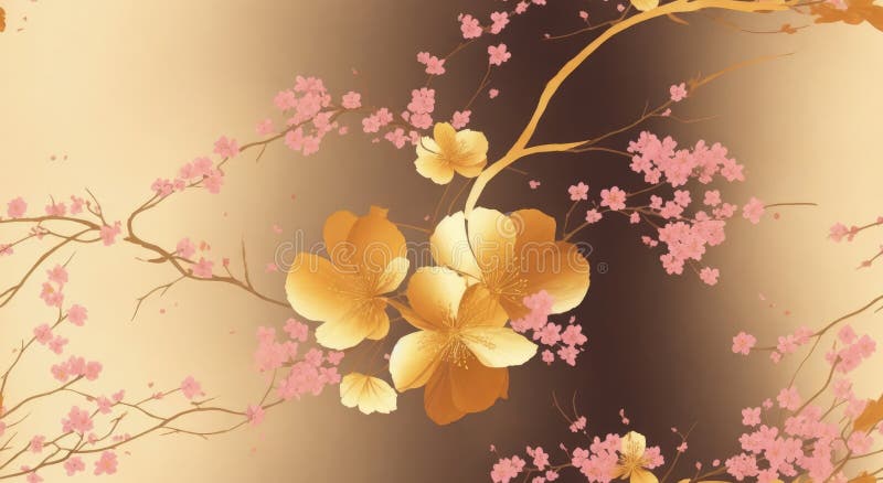 Abstract Sakura, Design for Prints, Postcards or Wallpaper with Golden ...