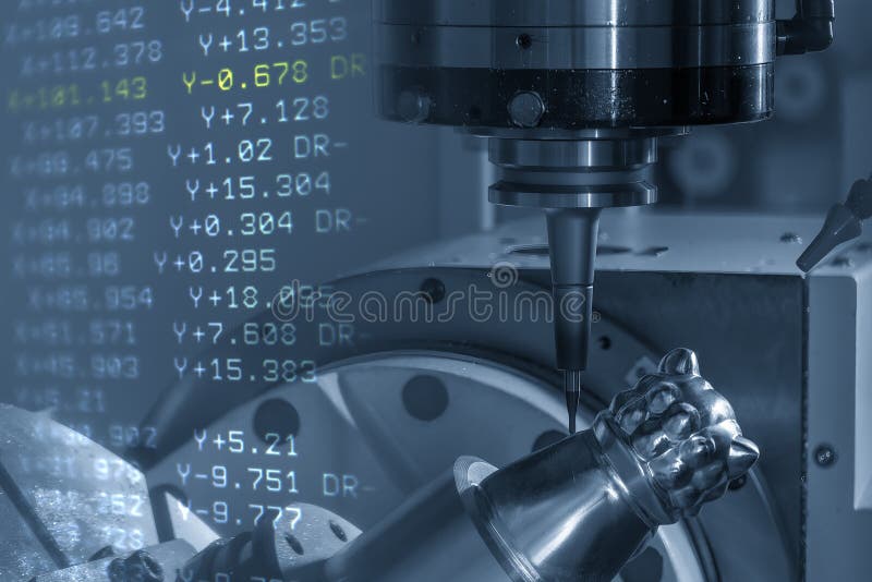 The Abstract Scene the 5-axis Machining Center Cutting the Sample Parts ...